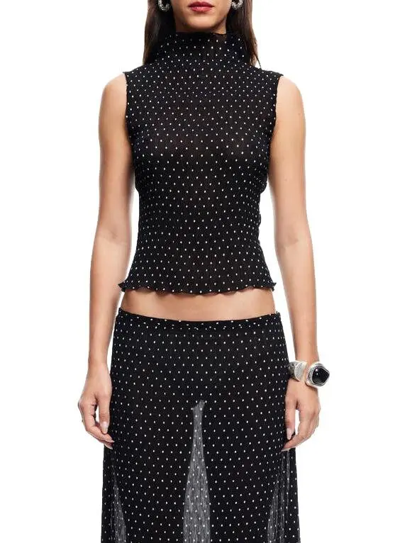Lioness Dot Print Funnel Neck Plissé Top - Onyx Polka