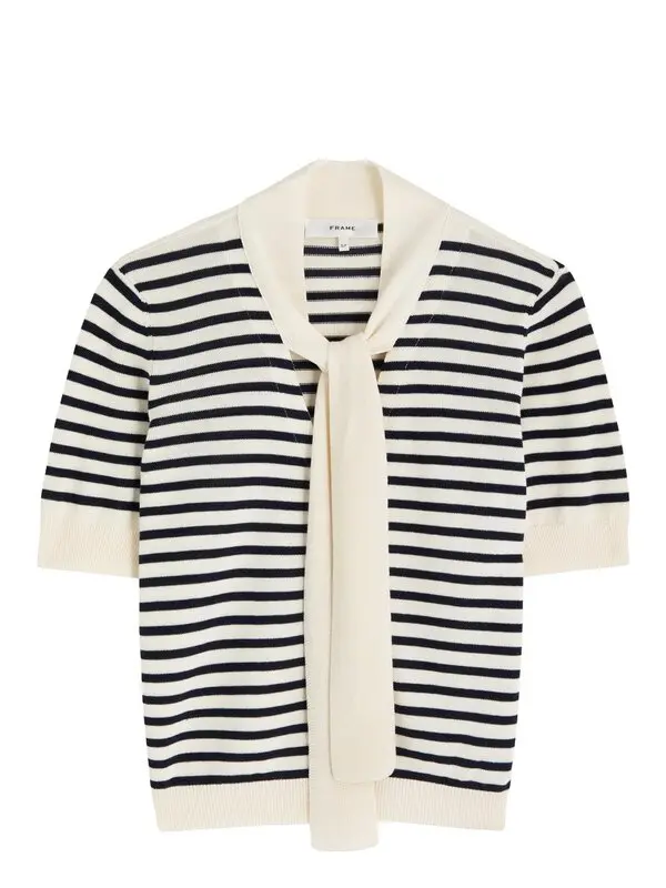 FRAME Striped Cotton-blend Cardigan With Tie - Navy