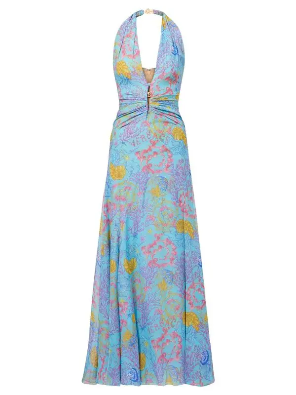 Versace Printed Halterneck Gown - Blue