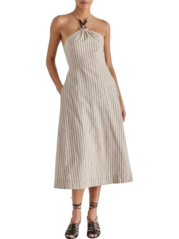 Steve Madden Ticking Stripe Linen & Cotton Halter Midi Dress - Ivory/black