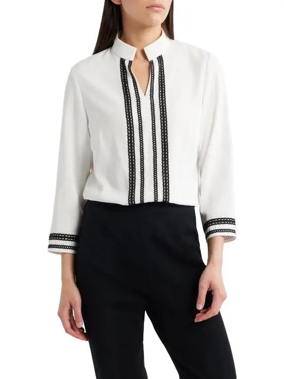Ming Wang Trim Accent Crepe Popover Shirt - White/ Black