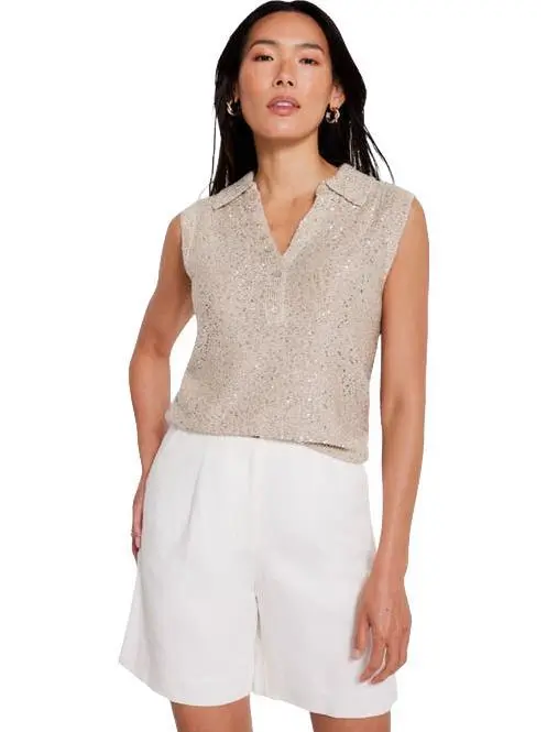 Mint Velvet Sequin Polo Top - Neutral