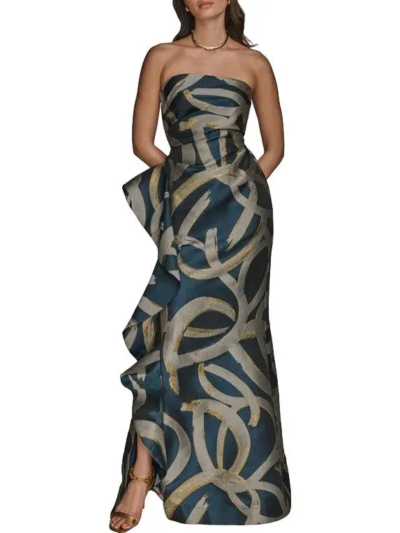 Donna Karan New York Ruffle Strapless Metallic Jacquard Trumpet Gown - Tide/ Sand
