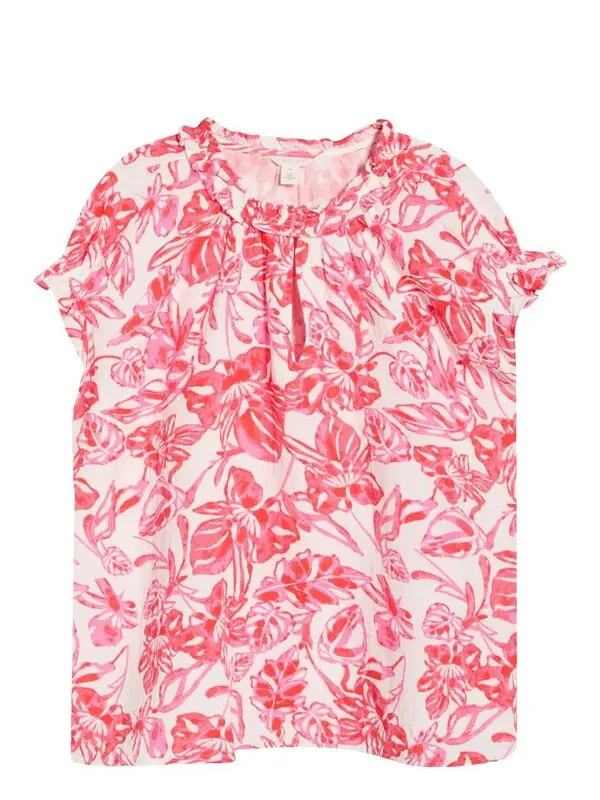 Caslon Ruffle Accent Cotton Gauze Top - Ivory- Pink Ellie Blossom