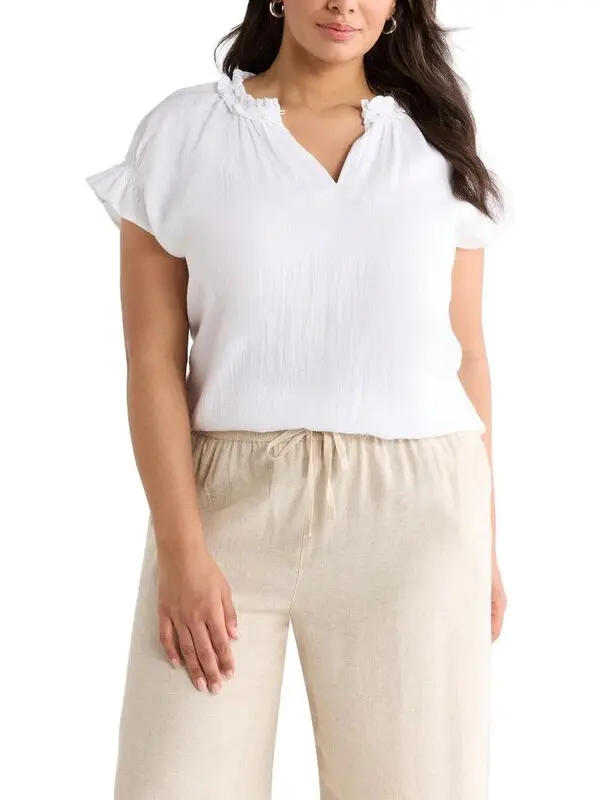 Caslon Ruffle Accent Cotton Gauze Top - White