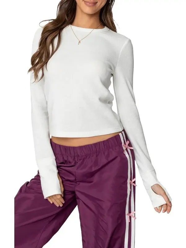 EDIKTED Waffle Knit Long Sleeve Crop T-shirt - White