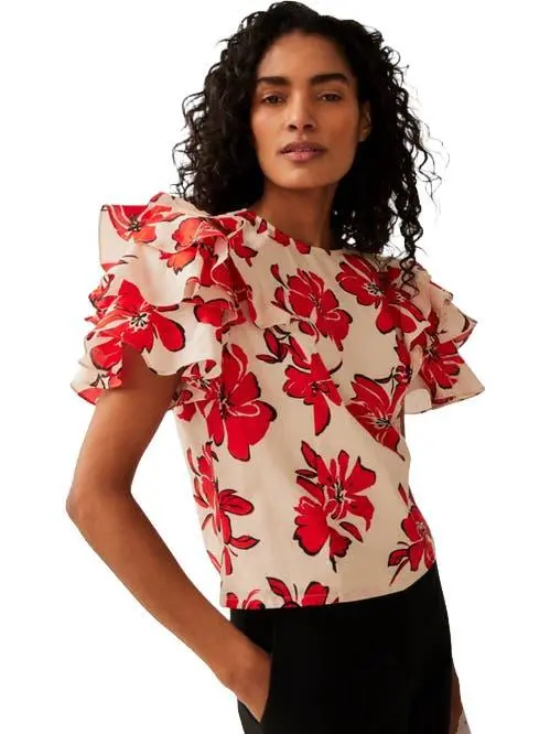 Mint Velvet Floral Print Ruffle Sleeve Top - Red