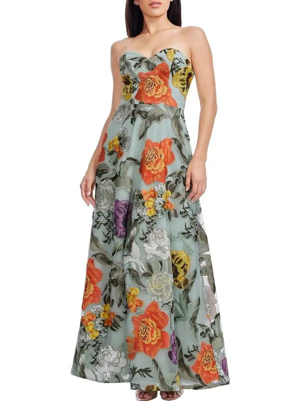 Dress The Population Embroidered Strapless Cocktail Maxi Dress - Sage Multi