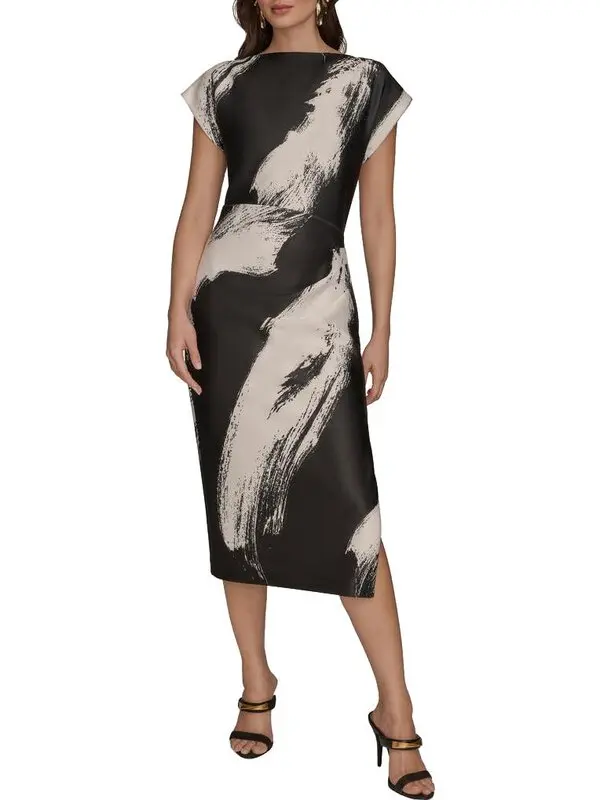 Donna Karan New York Pleated Sheath Cocktail Dress - Black/ Cream
