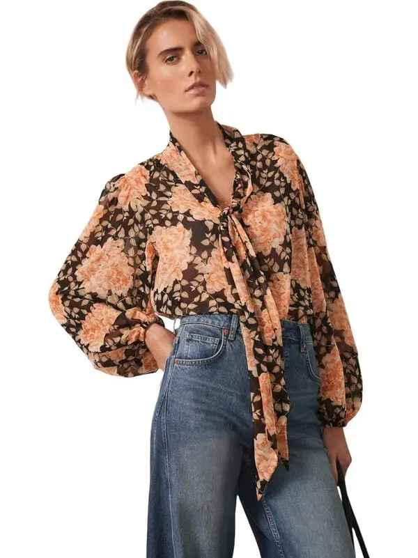 Mint Velvet Printed Pussy-bow Blouse - Orange