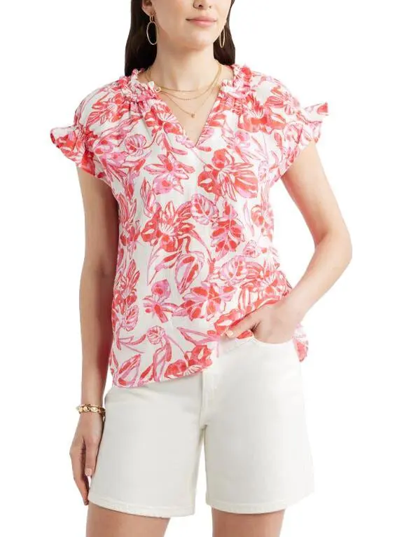 Caslon Cotton Gauze Ruffle Top - Ivory- Pink Ellie Blossom