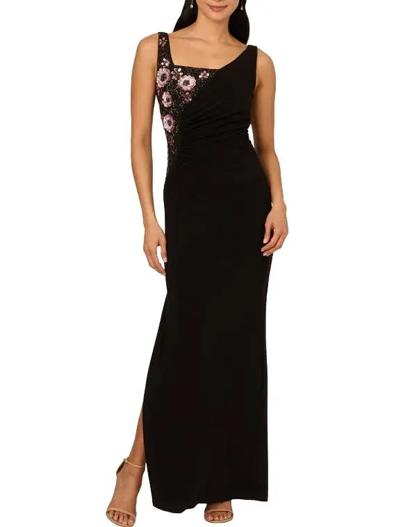 Adrianna Papell Beaded Jersey Evening Gown - Black Multi
