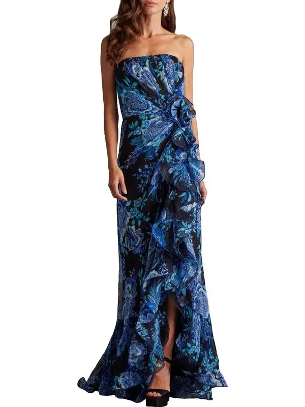 Tadashi Shoji Side Ruffle Strapless Gown - Black/ Blue Floral