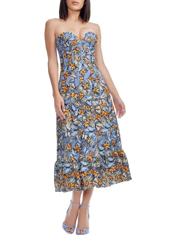 Dress The Population Butterfly Appliqué Strapless Cocktail Midi Dress - Sky Blue Multi