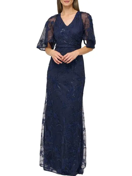 Js Collections Embellished Flutter Sleeve Gown - Navy