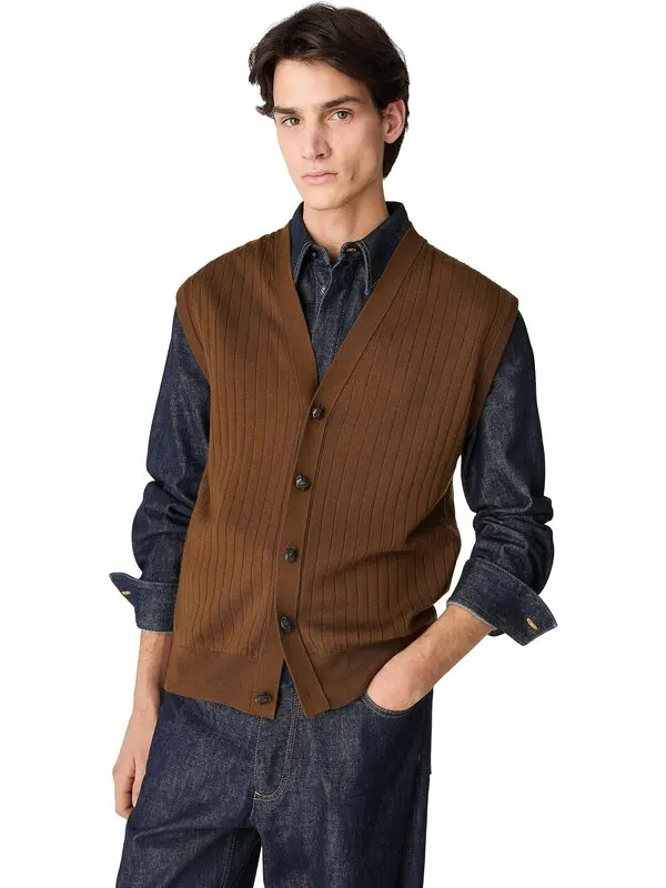Bottega Veneta Wool Rib Cardigan Gilet - Toffee