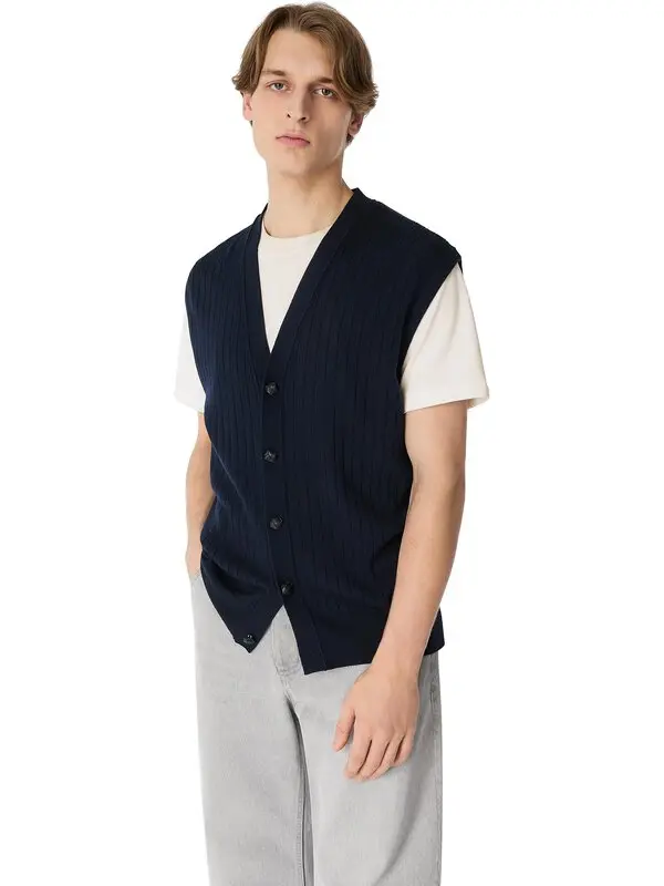 BOTTEGA  VENETA Wool Rib Cardigan Gilet - Abyss