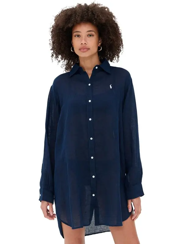 Polo Ralph Lauren Cotton Linen Boyfriend Shirt - Navy Blue