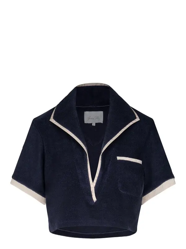 Johanna Ortiz Misty Hem Cropped Cotton-terry Shirt - Navy
