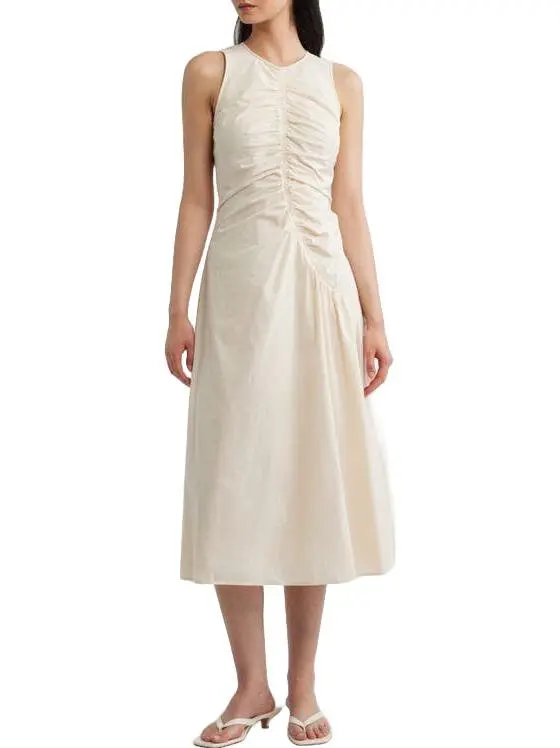 Theory Asymmetric Ruched Sleeveless Midi Dress - Almond