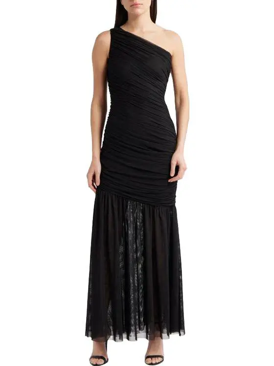 Vince Camuto Drape One-shoulder Mesh Gown - Black