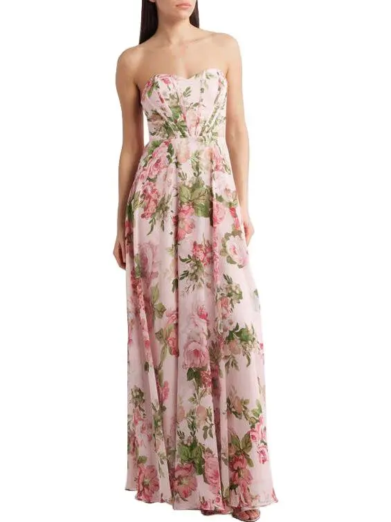 Lulus Strapless Corset Gown - Pink Floral
