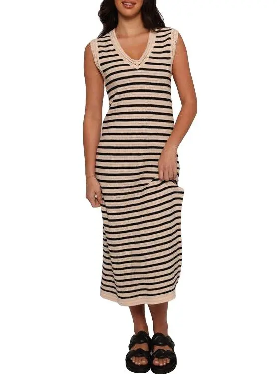 PETAL & PUP Vega Stripe Cotton Midi Dress - Beige/ Black Stripe