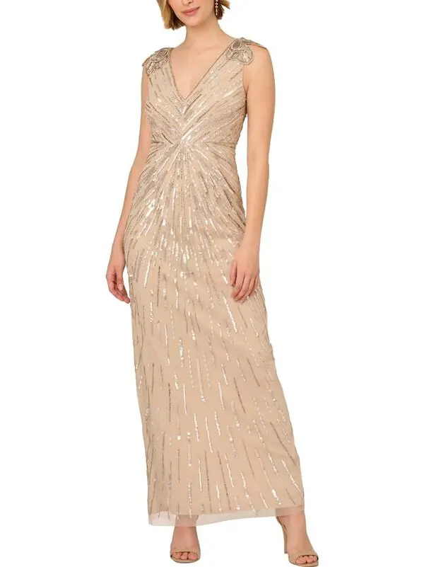 Adrianna Papell Embellished Column Gown - Biscotti