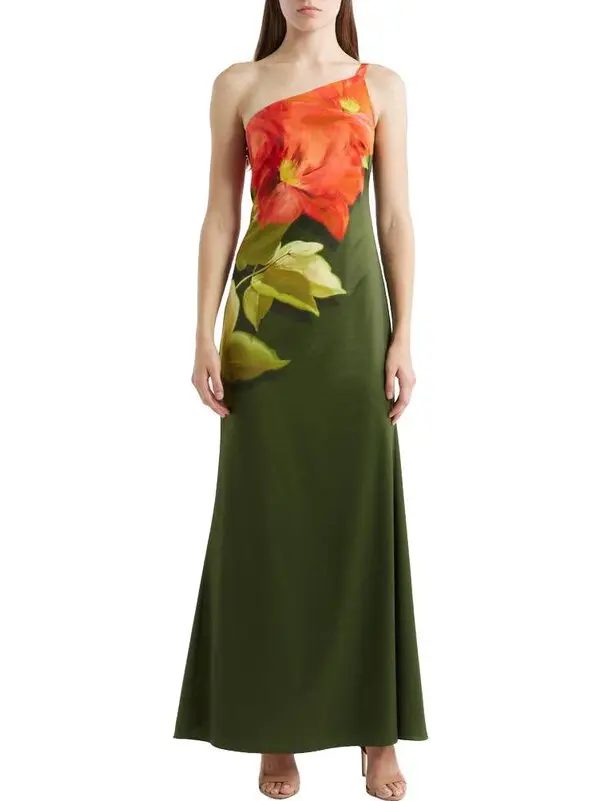 Vince Camuto Placed Print One-shoulder Satin Gown - Olive