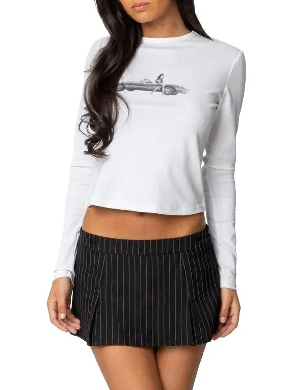 EDIKTED Retro Road Trip Long Sleeve Crop T-shirt - White
