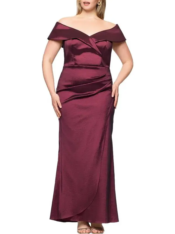 XSCAPE EVENINGS Off-the-shoulder Ruffle Taffeta Gown - Wine
