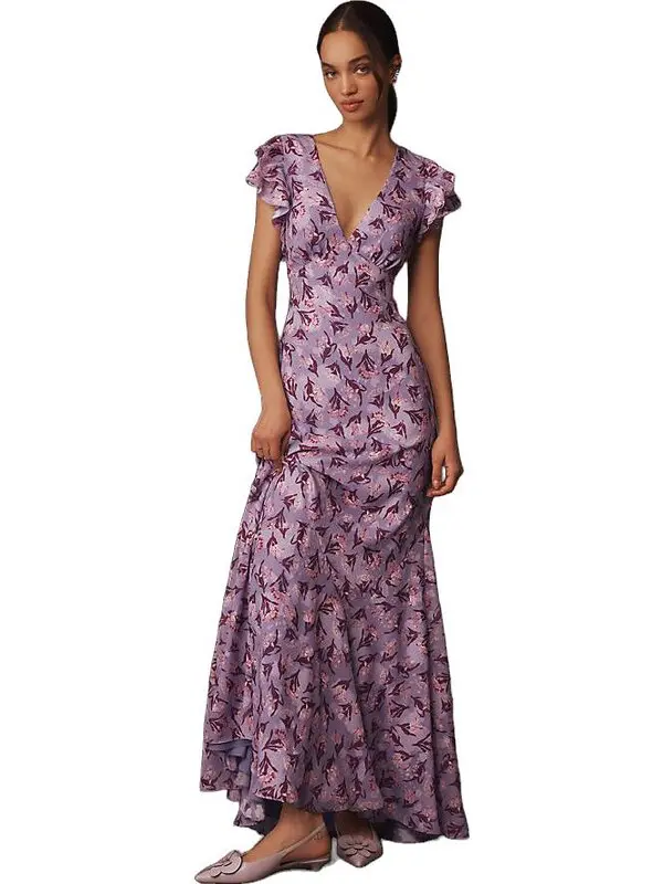 Bhldn Eva Flutter-sleeve Plunge V-neck Maxi Dress - Purple Floral