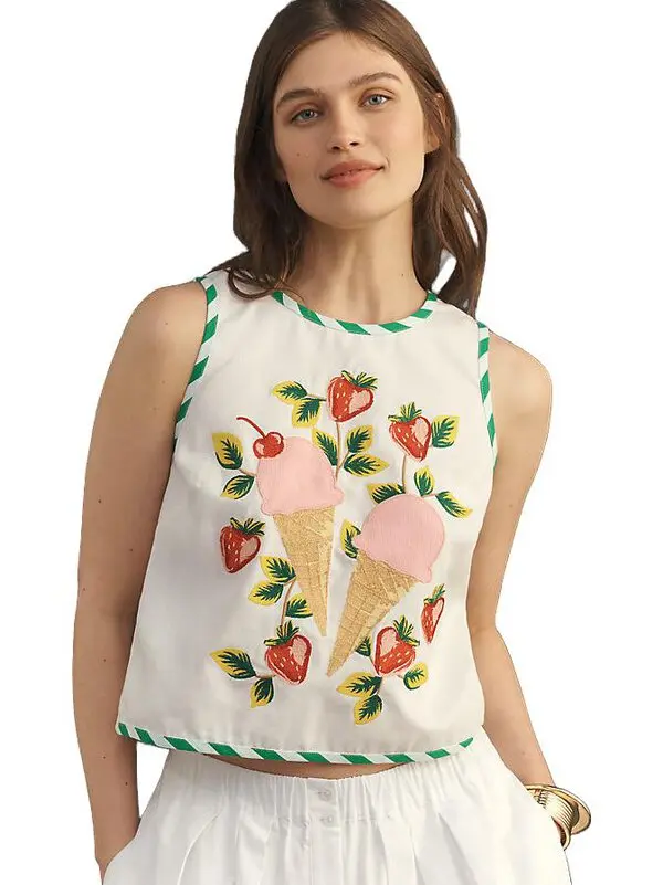 Maeve Fruit Embroidered Halter Top - White
