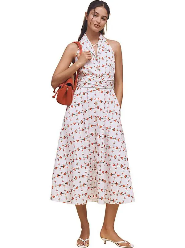 HUTCH Alessia Sleeveless Halter Midi Dress - Red Pattern