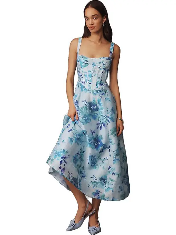 Bardot Lilah Sleeveless Corset A-line Midi Dress - Blue Floral