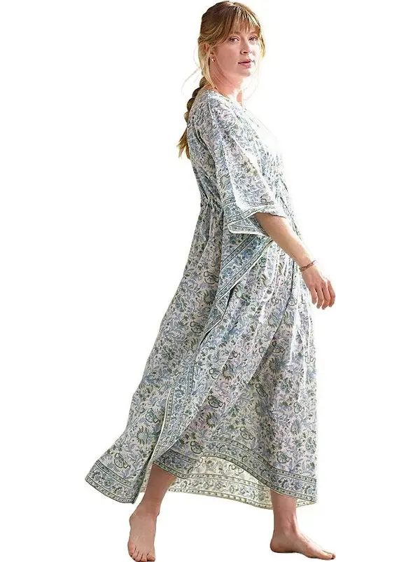 ANCHAL Block Print Floral Kaftan - Blue