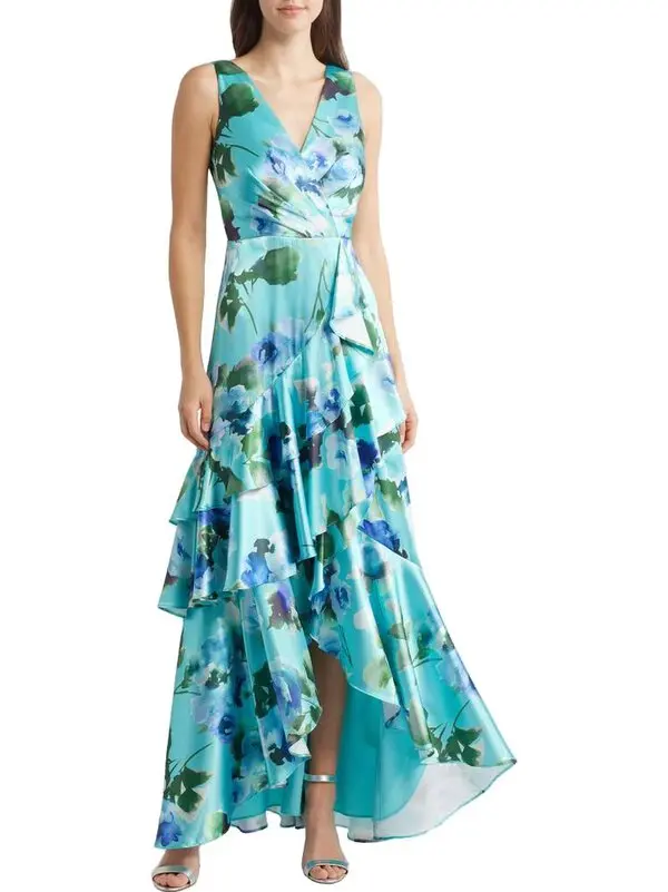Eliza J Tiered High-low Satin Cocktail Dress - Aqua