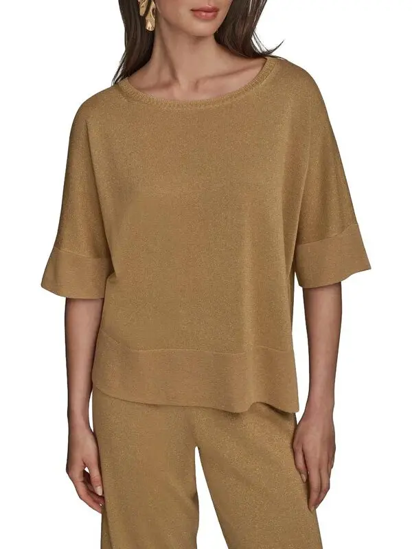 Donna Karan New York Metallic Short Sleeve Sweater - Fawn Combo