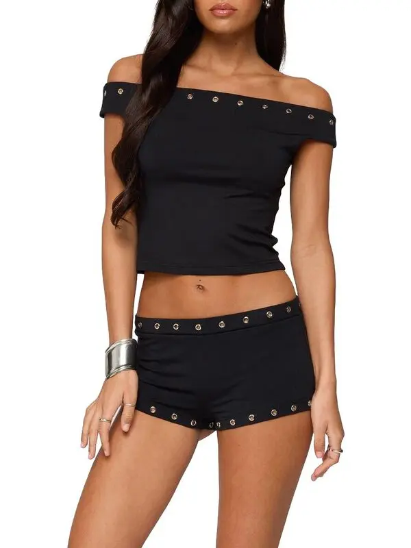 EDIKTED Neriah Grommet Trim Crop Top - Black