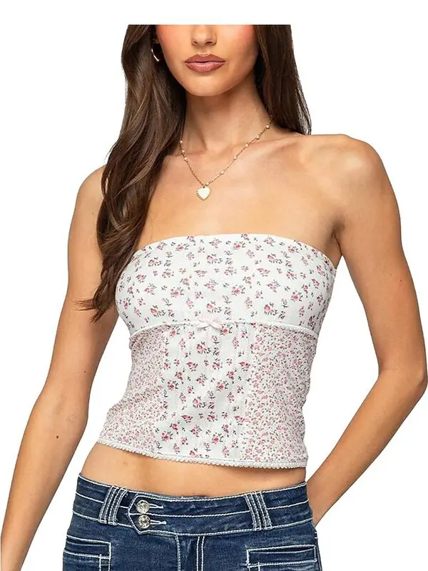 EDIKTED Mixed Floral Pointelle Tube Top - Cream