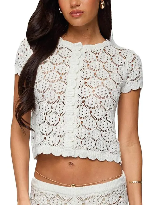 EDIKTED Elisa Open Knit Button Up Top - Cream
