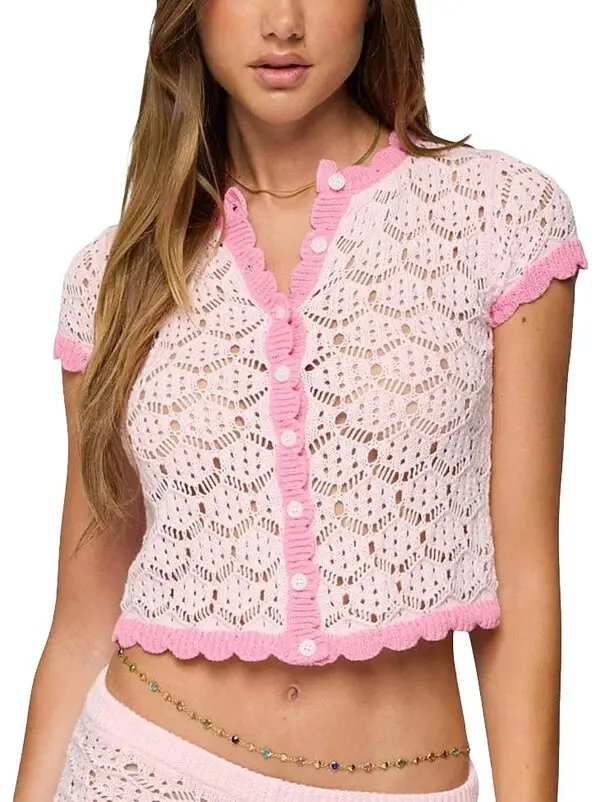 EDIKTED Elisa Open Knit Button Up Top - Light-pink