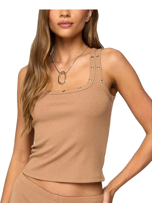 EDIKTED Hasel Grommet Ribbed Tank Top - Brown