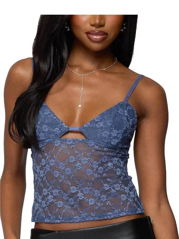 EDIKTED Sheer Lace Cut Out Tank Top - Blue