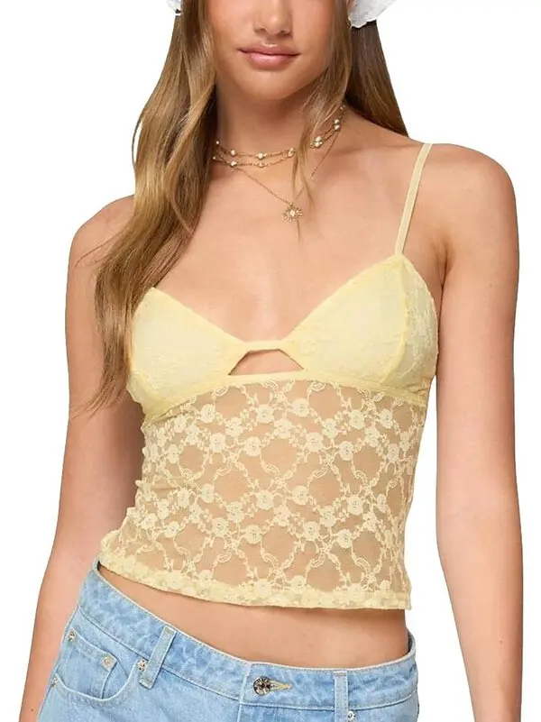 EDIKTED Sheer Lace Cut Out Tank Top - Yellow