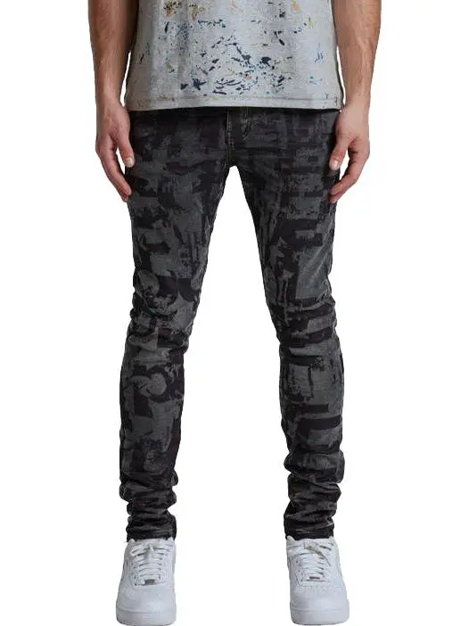 PURPLE BRAND Grunge Print Skinny Fit Stretch Jeans - Black