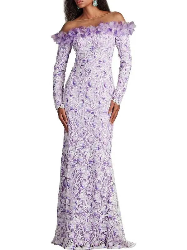Tadashi Shoji Floral Embroidered Off-the-shoulder Gown - White/ Purple Haze