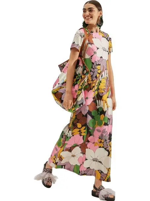 La DoubleJ Silk Twill Swing Maxi Dress - Big Flower Multicolor