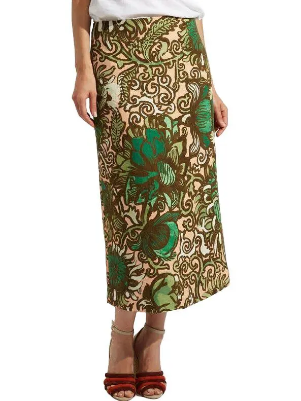 La DoubleJ Printed Shot Cotton Pencil Skirt - Anemone Pink Olive