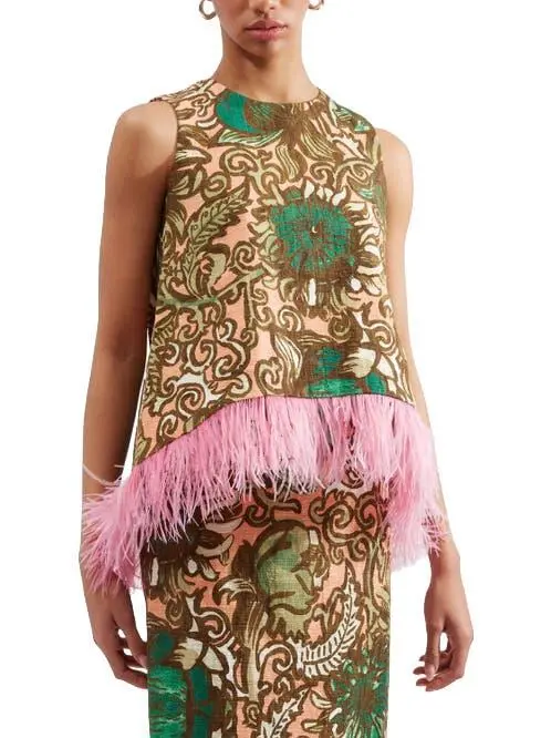 La DoubleJ La Scala Sleeveless Top With Feathers - Anemone Pink Olive
